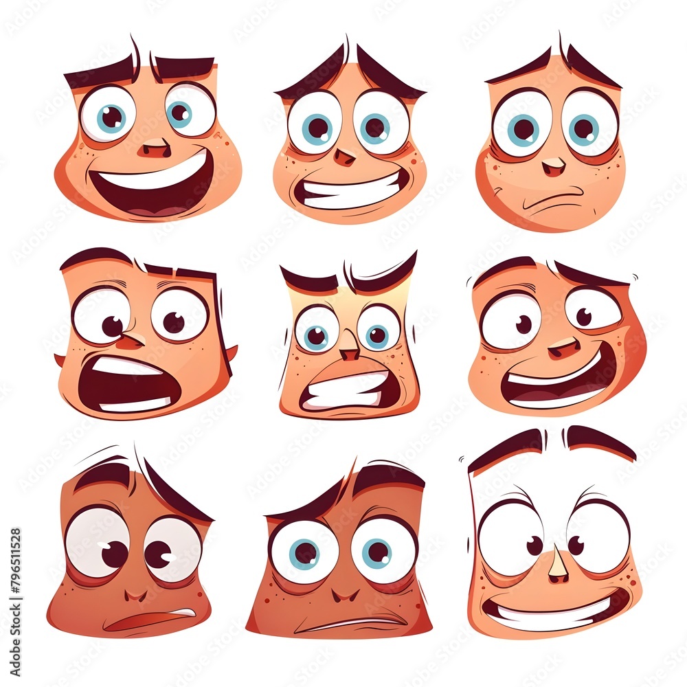 Different expressions of cartoon face vector illustrations set cute ...