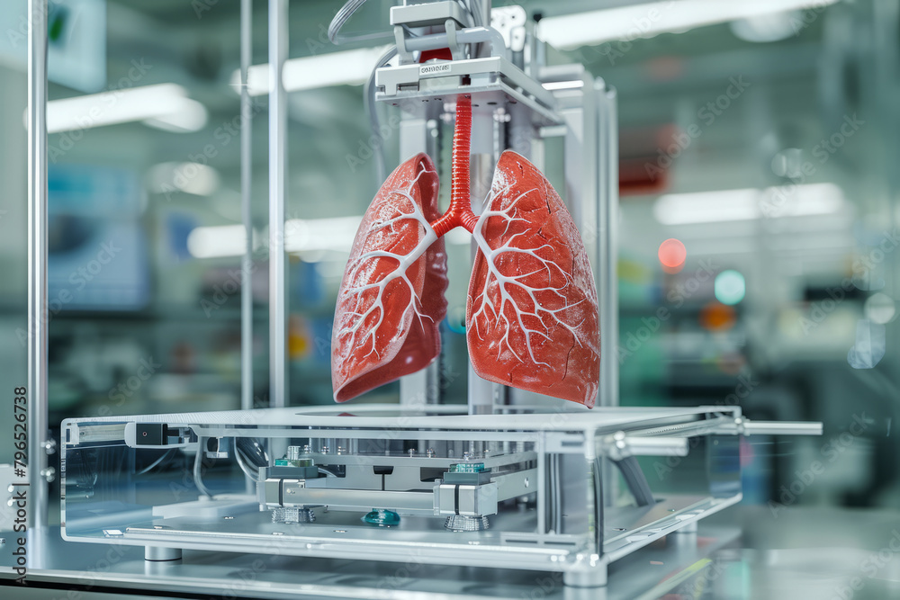 A 3D render of a Japanese medical laboratory bioprinting a 3D organ. An ...
