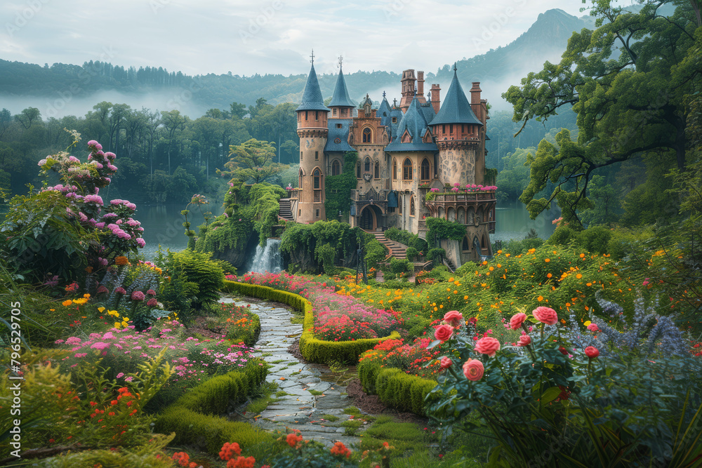 Beautiful fairytale castle nestled amidst blooming flowers, meandering ...