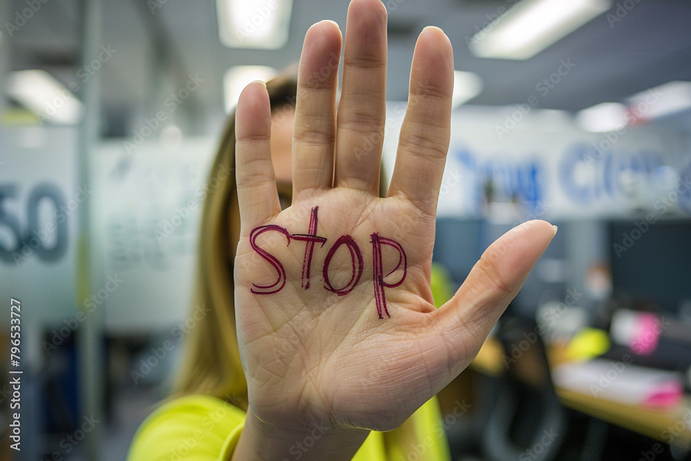 Harassment at work, woman sad angry terrified scared afraid, man, stop ...