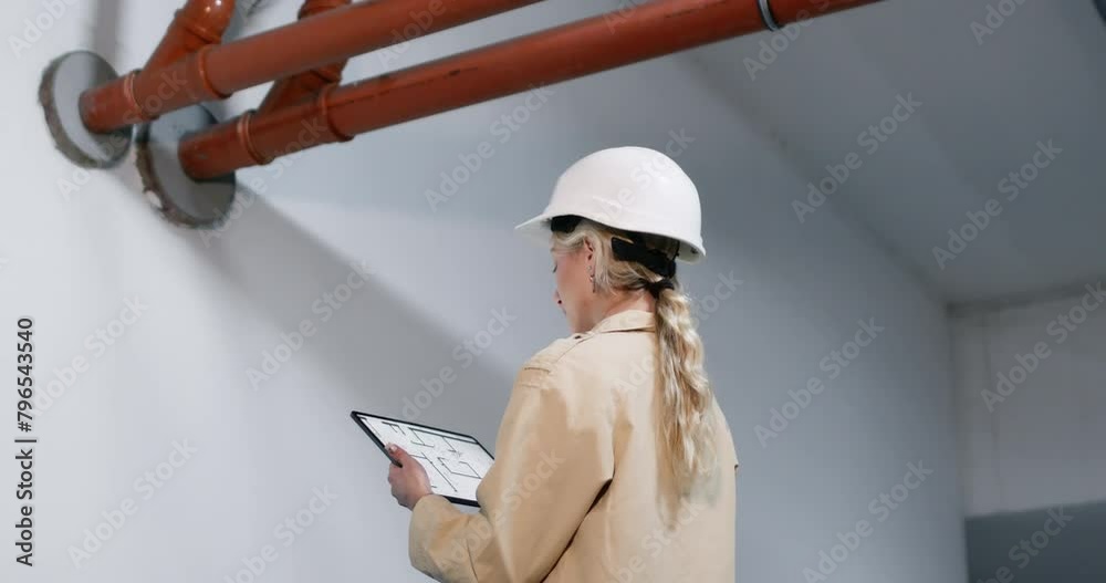 Female engineer in helmet holds tablet with plan examining fire ...