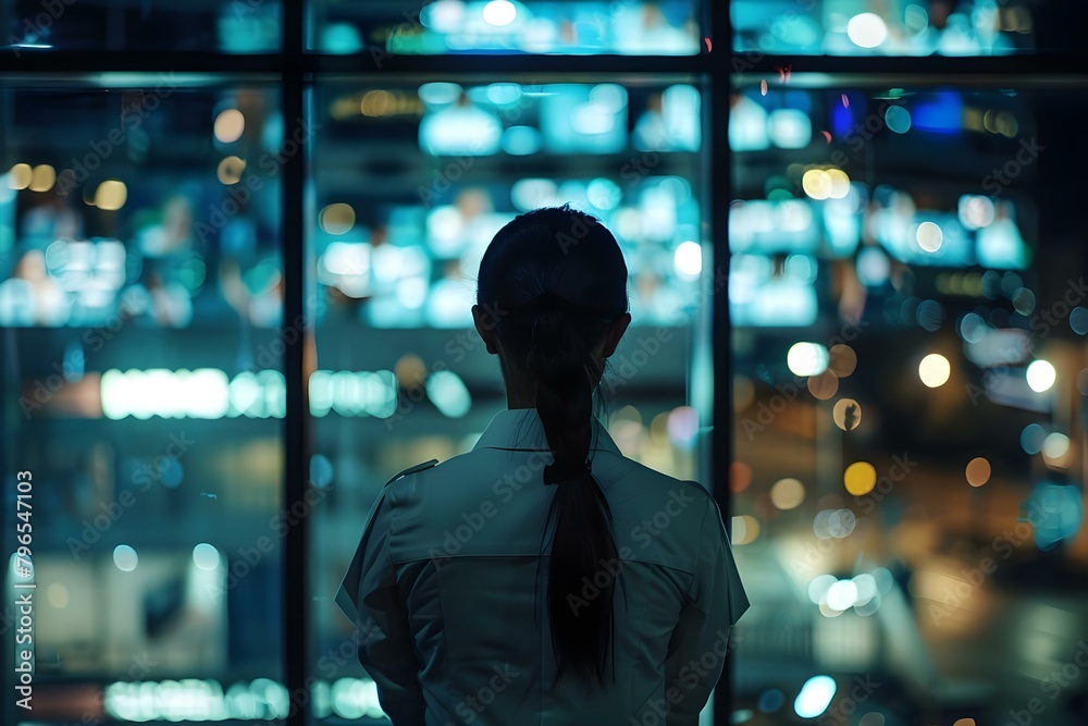 Female security guard keeps watch over surveillance cameras during ...