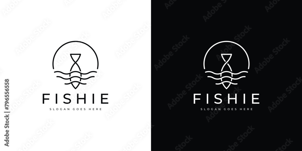 Simple Fishie Logo. Fish, Fishing, Ocean, Sea, Wave with Linear Outline ...