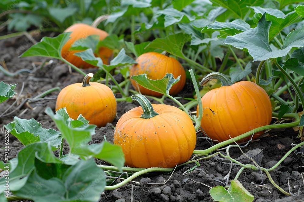 Pumpkins at Different Growth Stages in a Well-Tended Garden with Vines ...