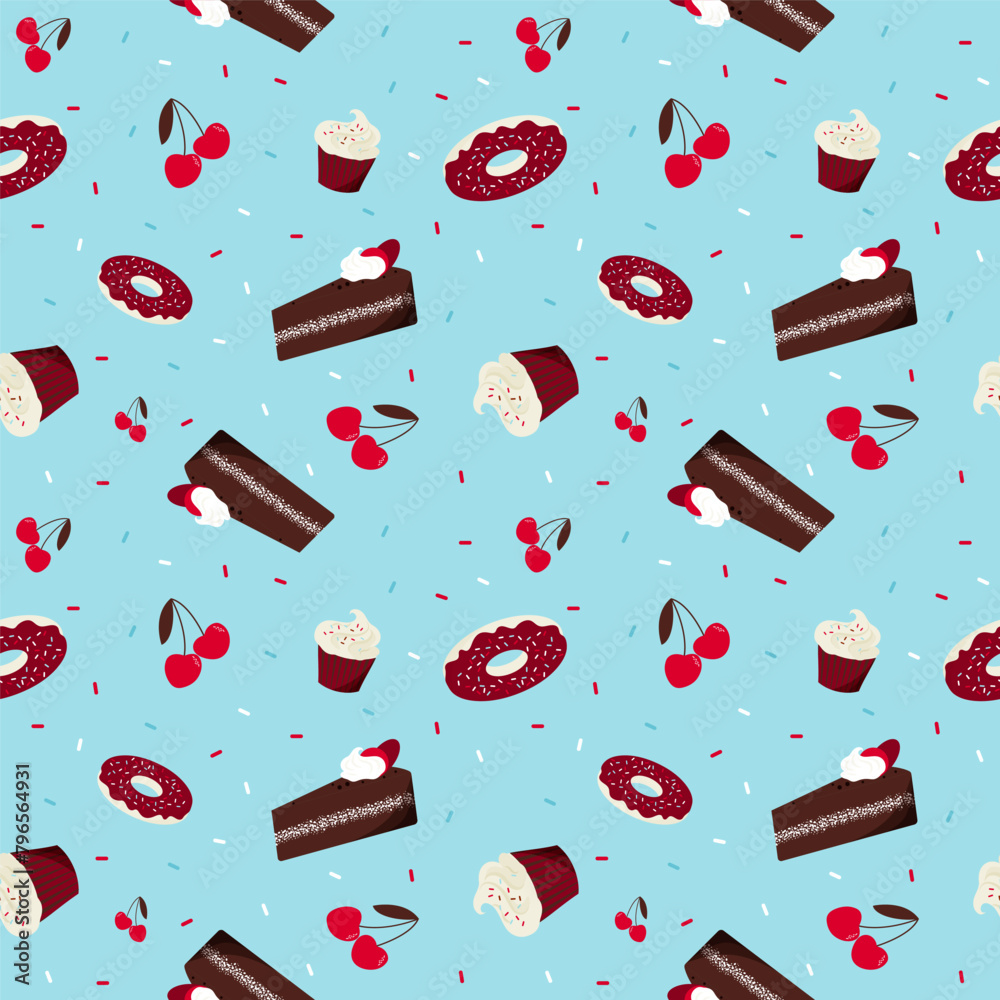 Vector cute seamless pattern with cherry and chocolate taste sweets as ...