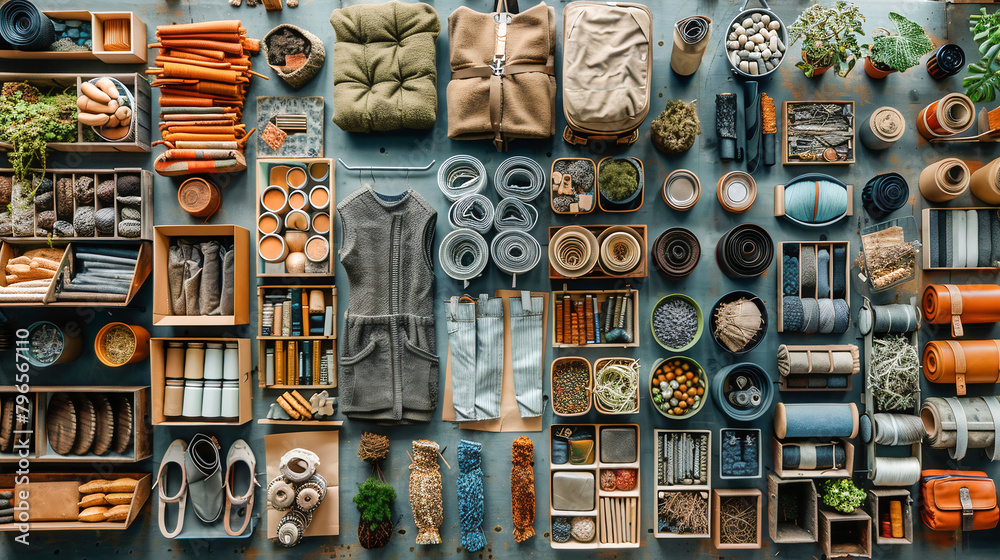 Variety of products made from recycled materials, clothing, furniture ...
