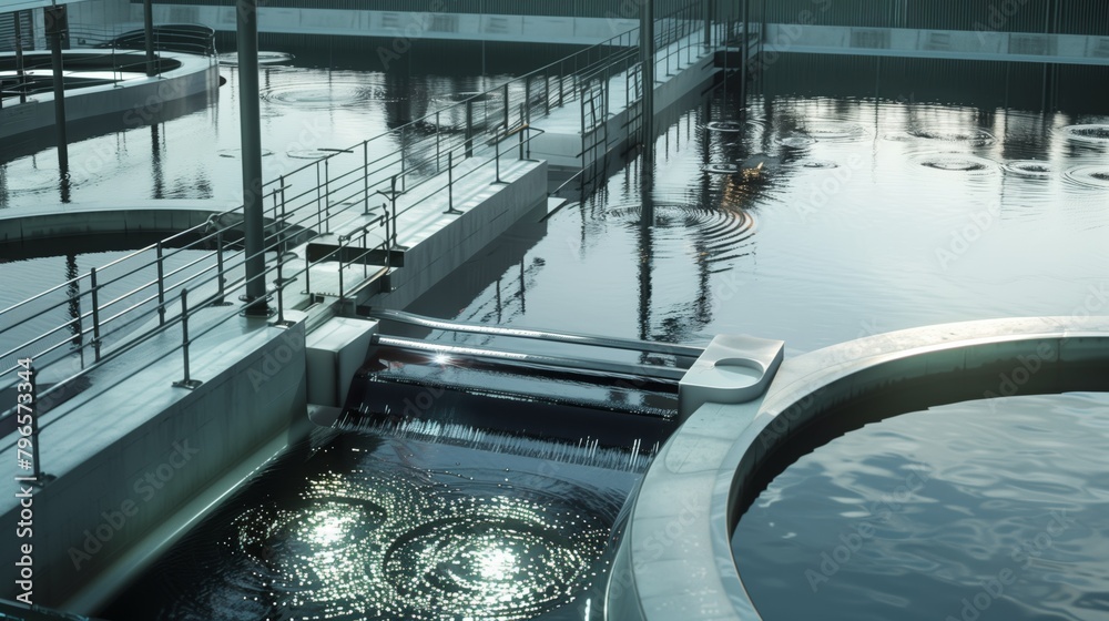 Modern water treatment plant featuring circular tanks with reflective ...