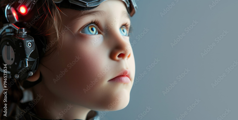 Portrait of a cyborg robot child with technical elements and sensors on ...