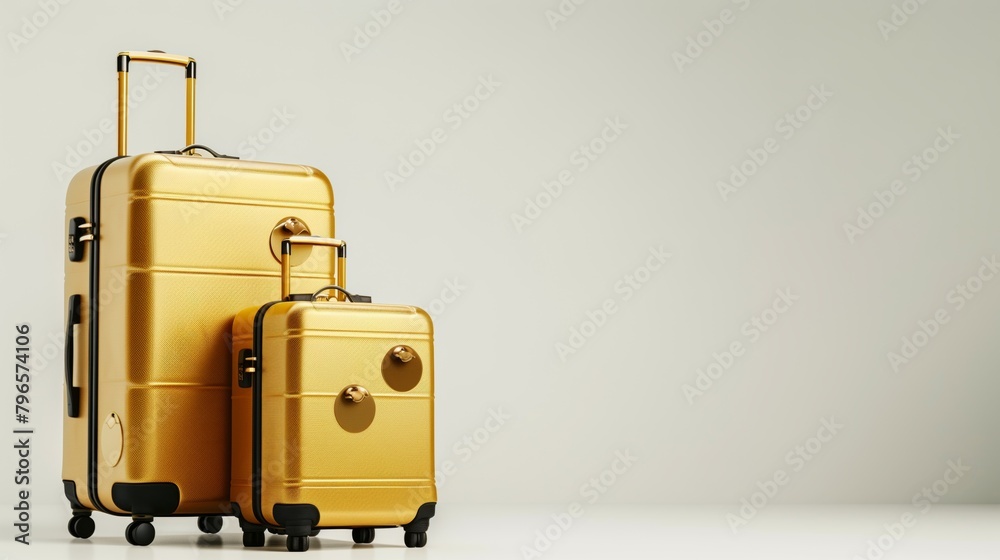 Two stylish golden suitcases of different sizes set against a light ...