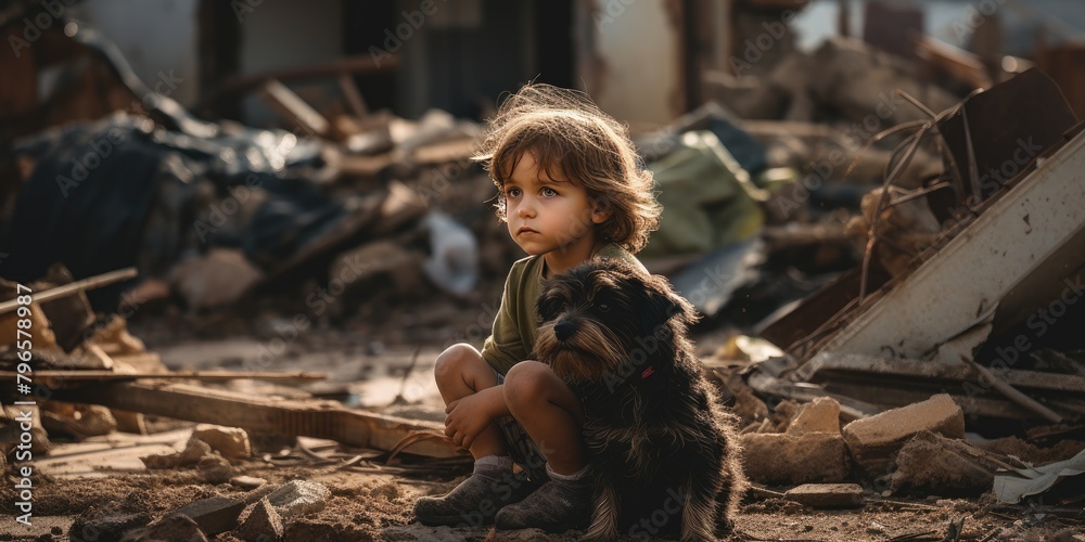 Sad little child and his dog in a destroyed city. Natural disasters or ...