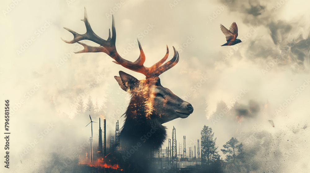 Double exposure deer with large antlers made of fire standing in front ...