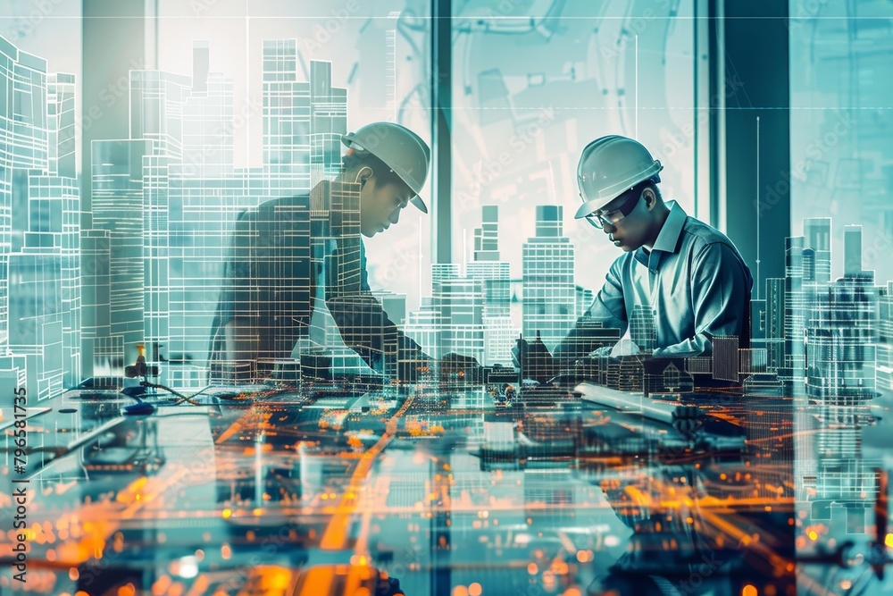 Team of industrial engineers constructing infrastructure in a ...