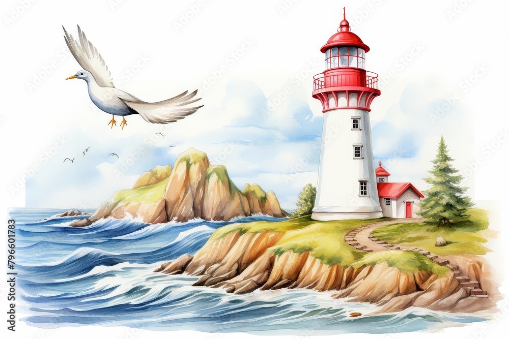 Single object clipart of a majestic lighthouse on a small island, with ...