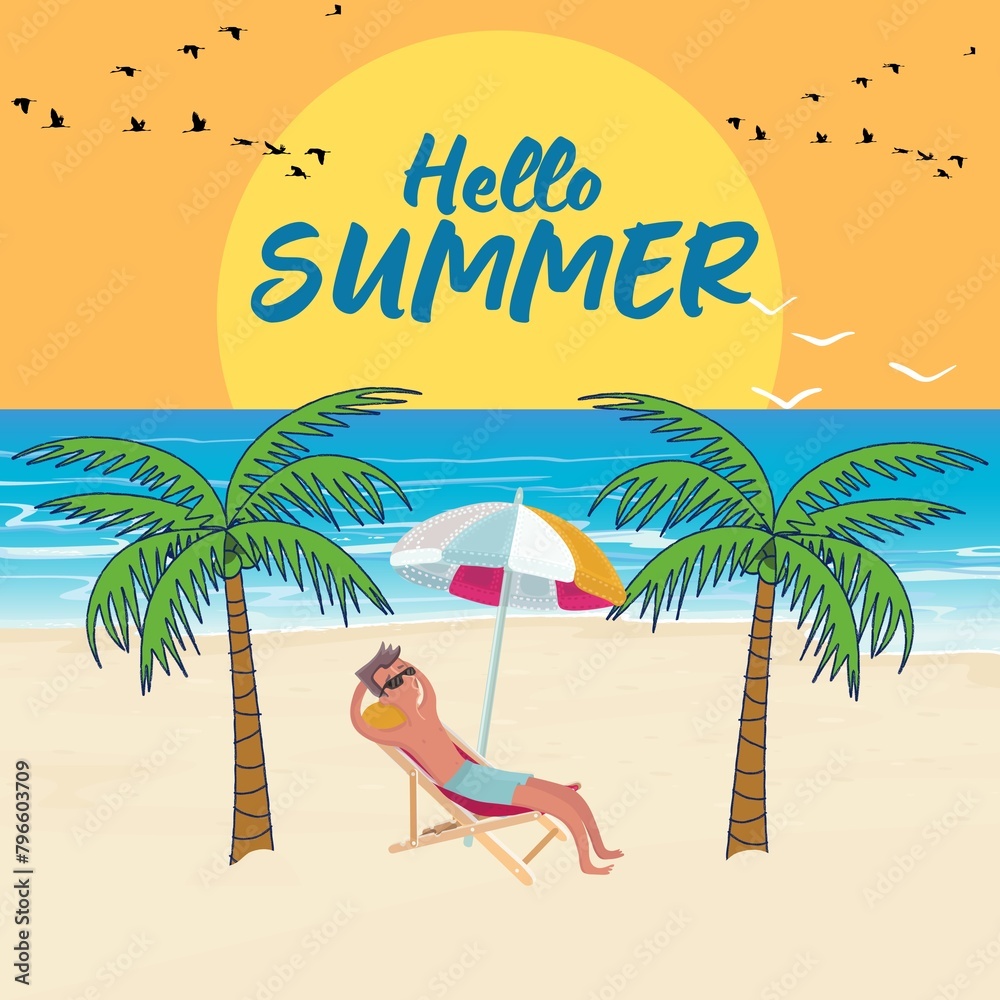 Hello Summer: Person lying on a beach chair under his umbrella among ...