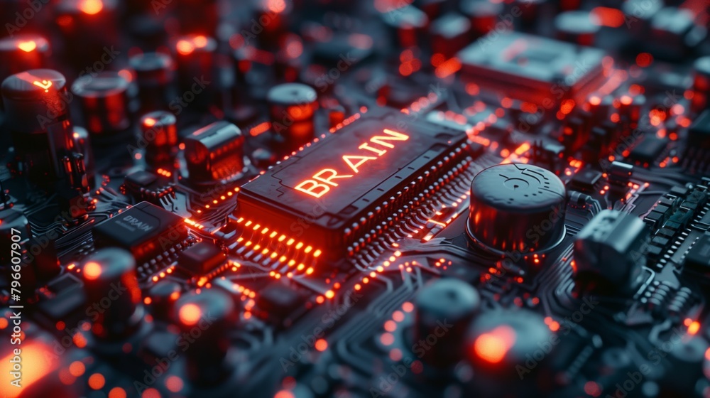 Futuristic computer chip labeled 'BRAIN' on a circuit board with ...