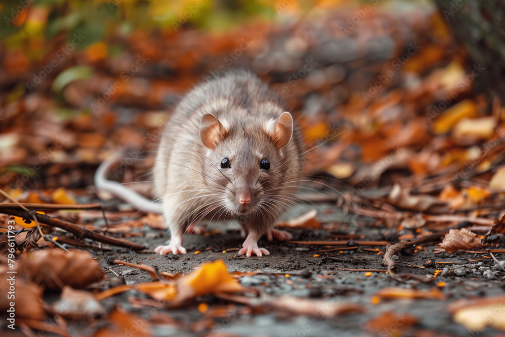 An inquisitive rat stands amidst autumn leaves on a pavement, its ...