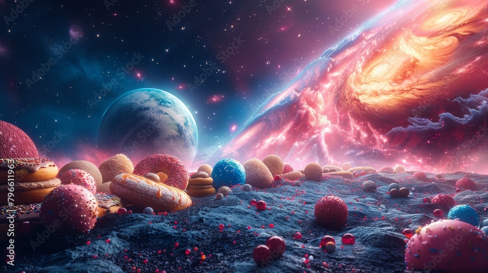 Animated space cartoon with chocolate cookie, candy, donut, caramel ...