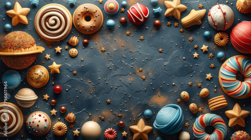 A space cartoon poster with chocolate cookies, candy, donuts, caramel ...