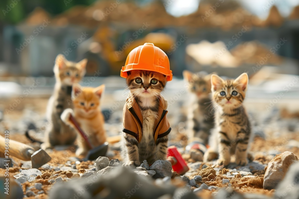 Five adorable cats dressed as construction workers, cute feline ...
