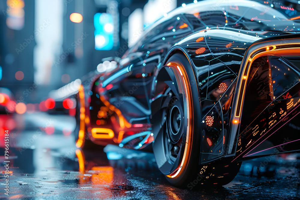 Futuristic cyber car with glowing wheels against a cyberpunk cityscape ...