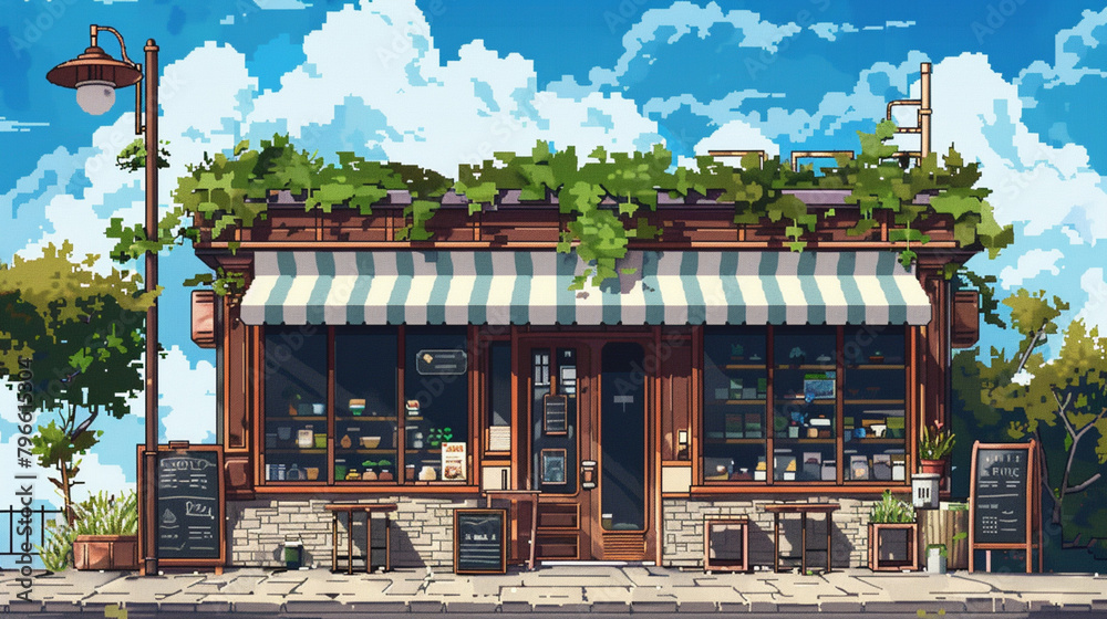 2d pixel art of cafe shop, vine decoration, calm and relax, blue sky ...