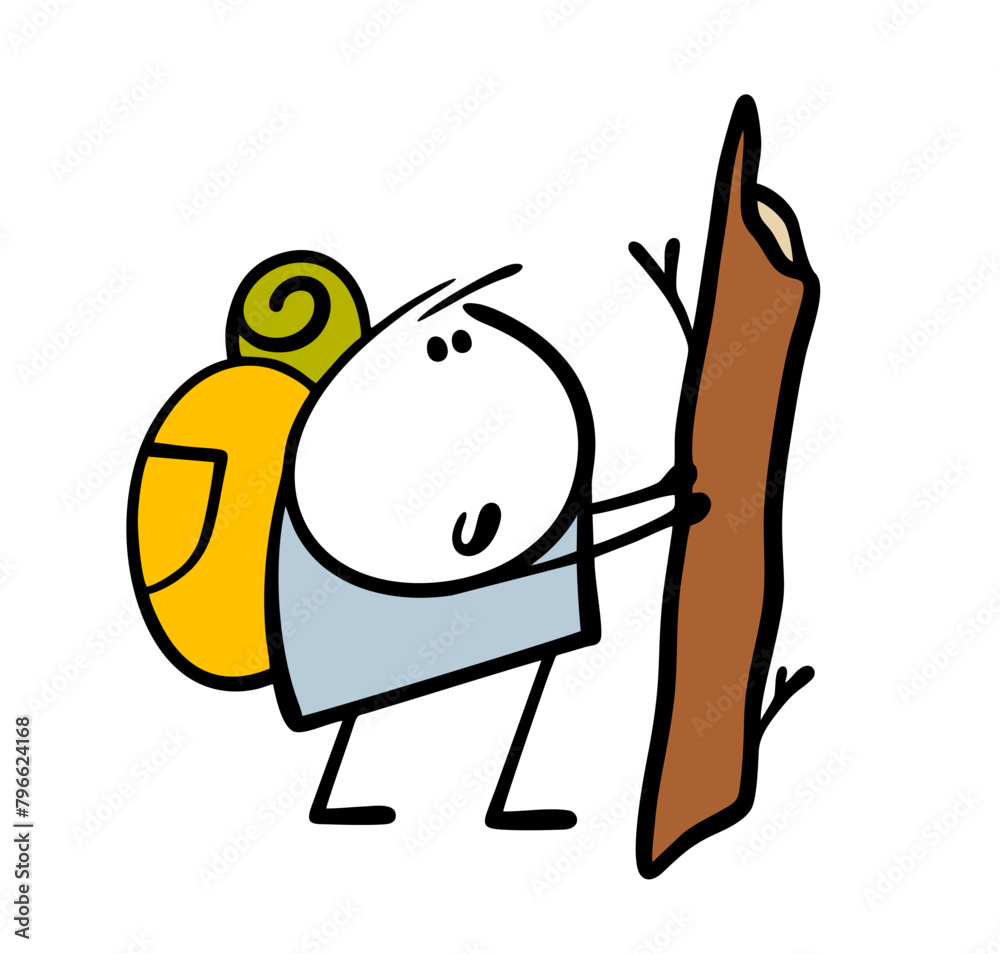 Clever stickman went hiking, holds a large log, builds a bridge over a ...