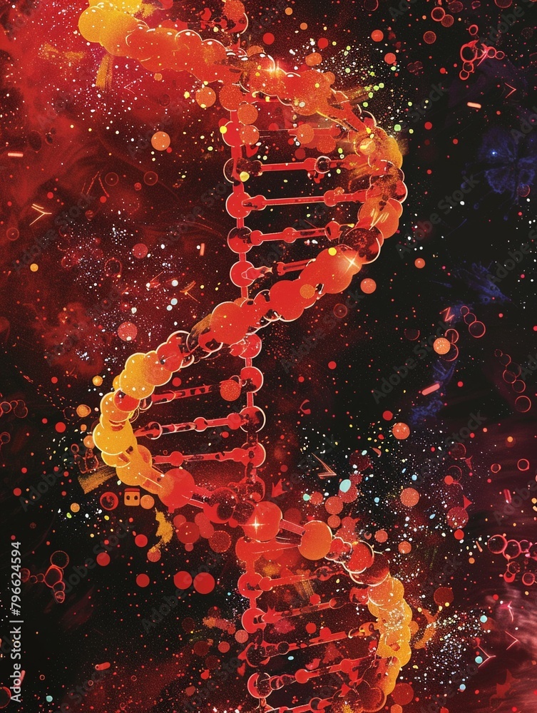 Beautiful wallpaper with a vivid red and yellow DNA strand, embellished ...
