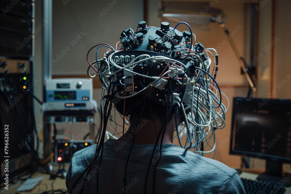 insightful photograph capturing the process of brainwave monitoring ...