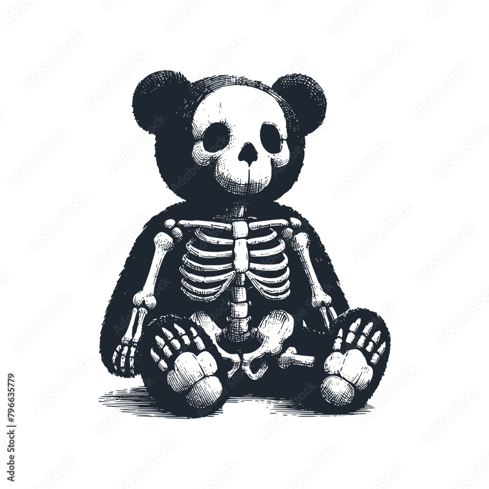 The teddy bear show the skull and bone. Black white vector illustration ...