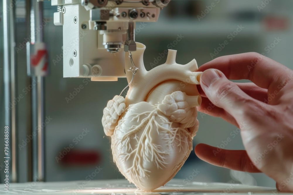 3D printed human heart model in front of three dimensional printer ...
