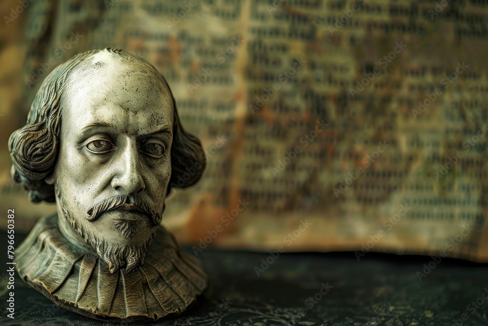 Vintage Bust of Famous Playwright with Old Book in Background on Table ...