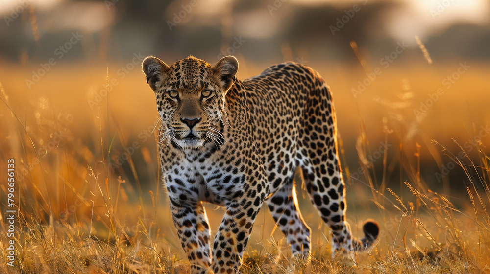 Majestic Leopard roaming open range. African safari. Savannah. Wildlife ...