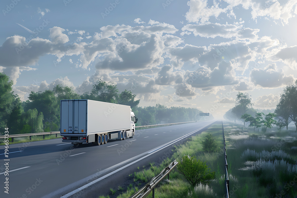 A truck with a semi-trailer driving along the highway, transporting ...