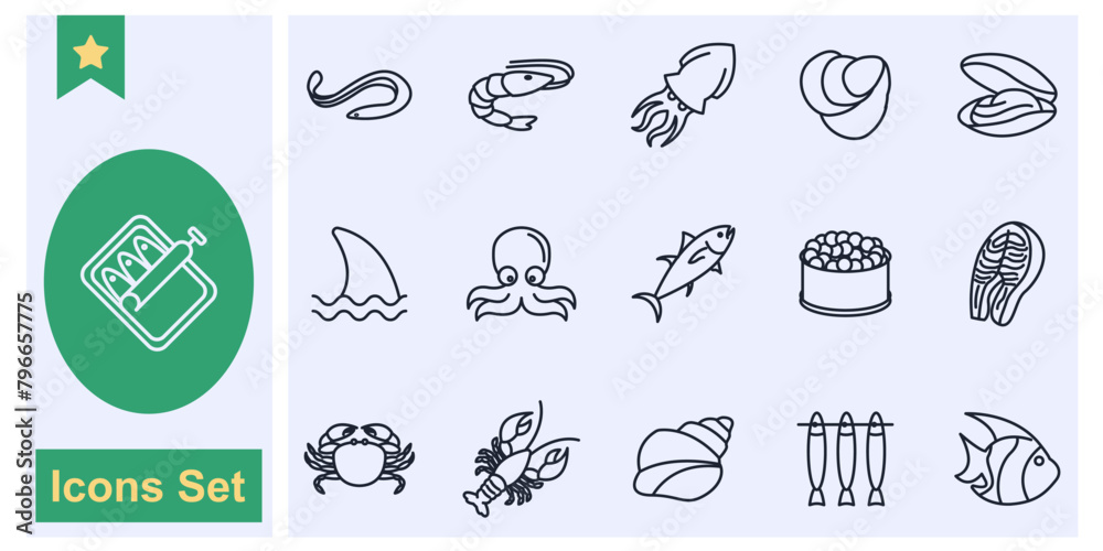 Fish and seafood icon set symbol collection, logo isolated vector ...