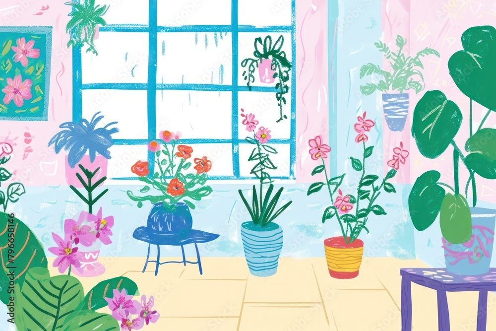 Cute flower garden room illustration painting graphics outdoors. Stock ...