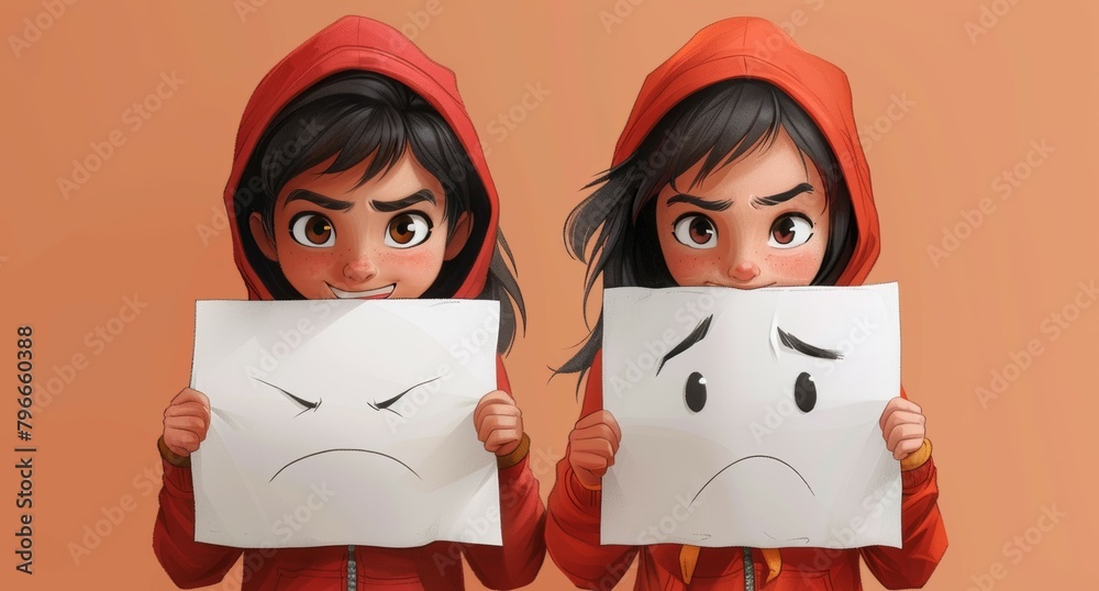 Various portrait emotions hidden behind two white photo sheets, one ...