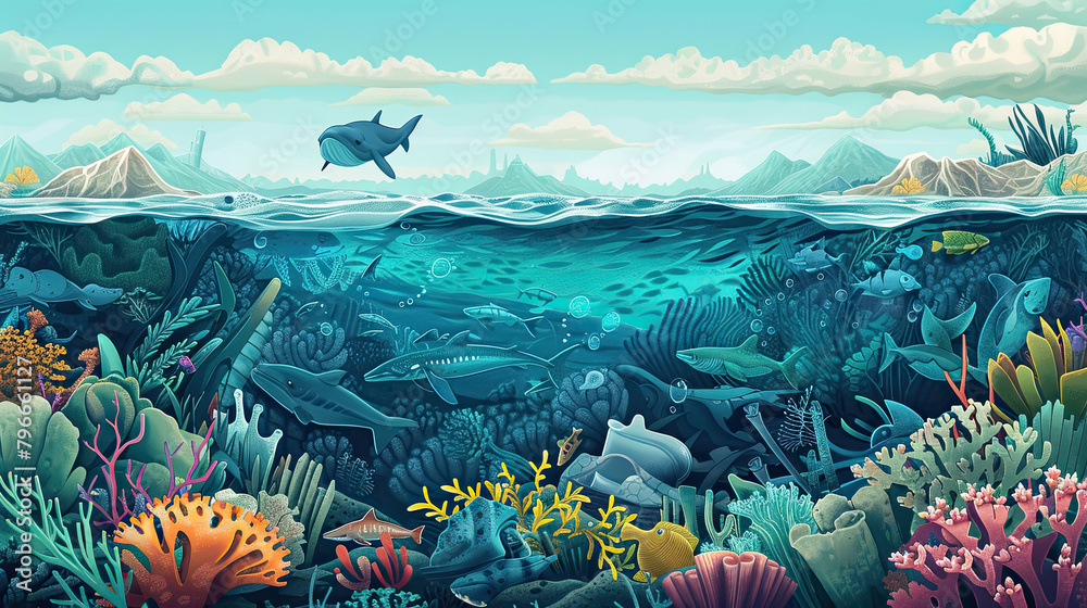An illustration depicting a healthy, thriving marine ecosystem ...