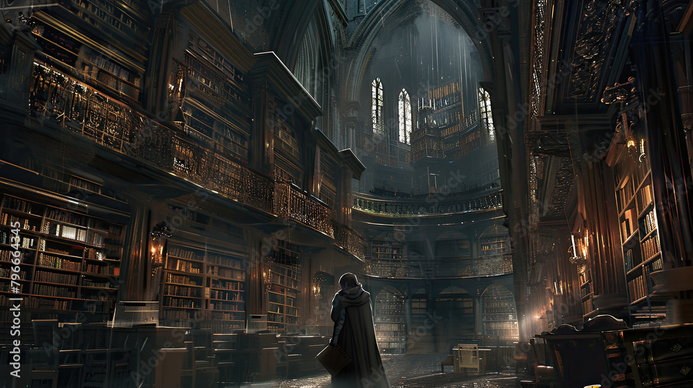 An image set in an ancient, sprawling library with towering bookshelves ...