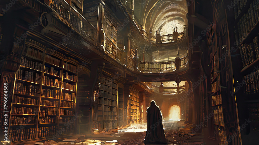 An image set in an ancient, sprawling library with towering bookshelves ...