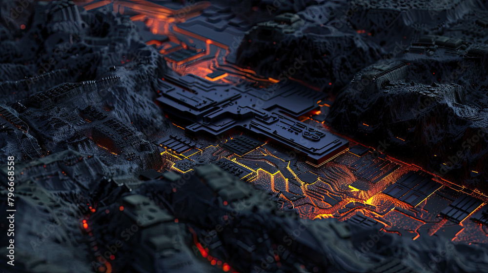image of fire mining rig, in the style of accurate topography, dark ...