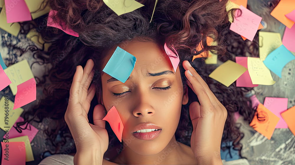 Woman's face covered with to do post-it notes with hands grabbing hair ...