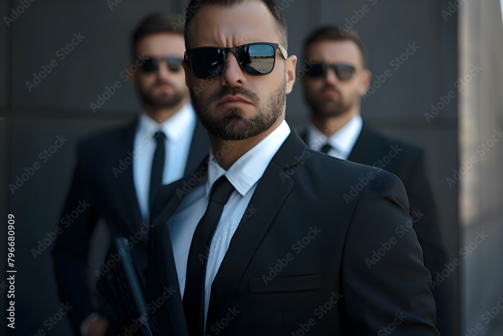 Professional bodyguards in suits and sunglasses serious and ready for ...