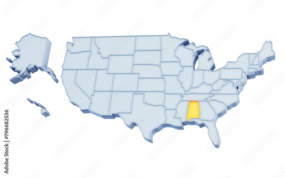 State of Alabama highlighted in golden yellow on three-dimensional map ...