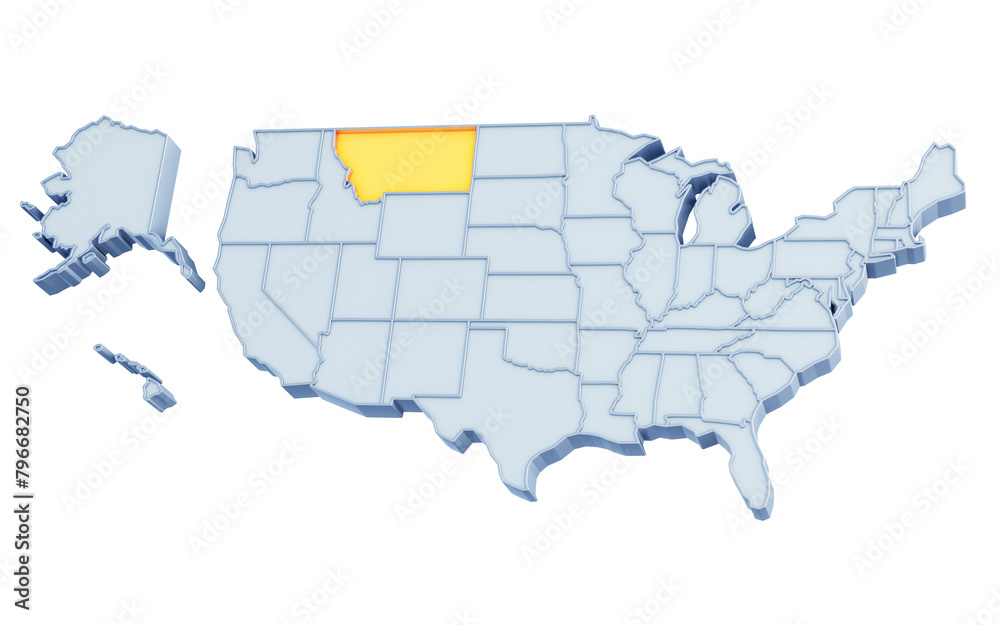 State of Montana highlighted in golden yellow on three-dimensional map ...