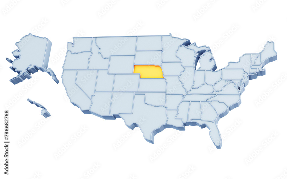 State of Nebraska highlighted in golden yellow on three-dimensional map ...