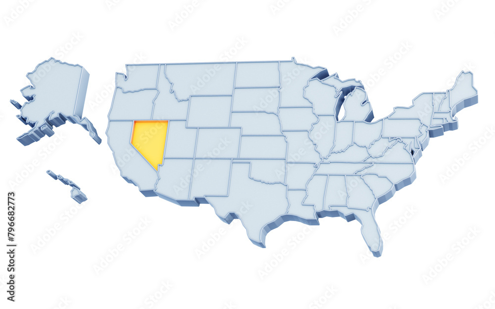 State of Nevada highlighted in golden yellow on three-dimensional map ...