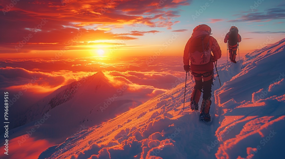 Alpinist helps his teammate climb the summit. wide view of the sunset ...