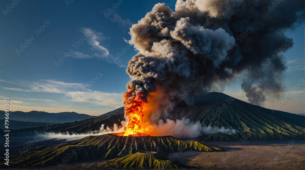 ancient volcano eruption with giant ash cloud and burst of molten lava ...