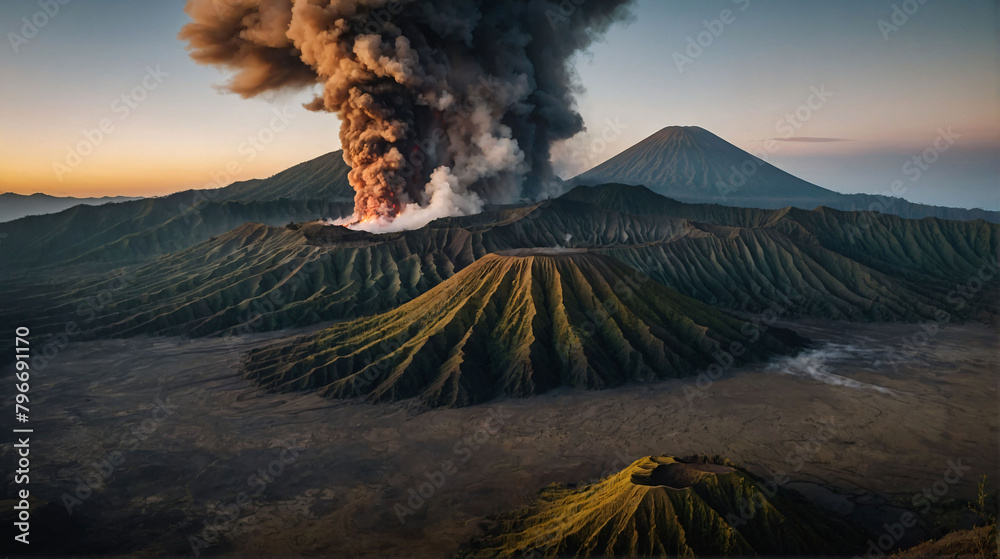 ancient volcano eruption with giant ash cloud and burst of molten lava ...
