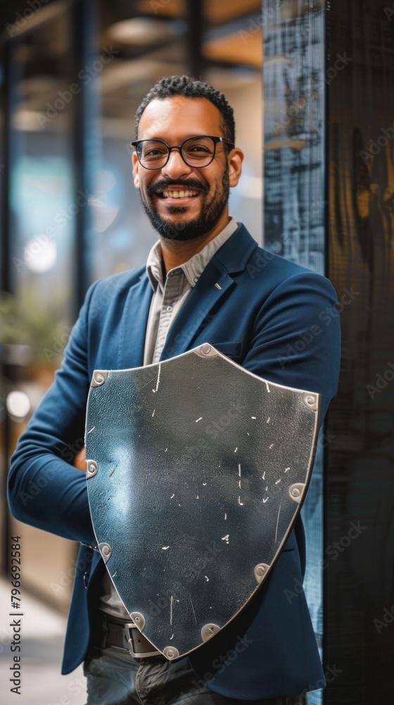Smiling employee in combative body pose with extended arm, holding a ...